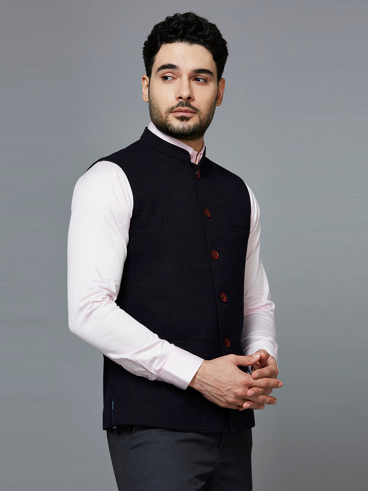 Home Men Dark Maroon Chex Nehru Jacket