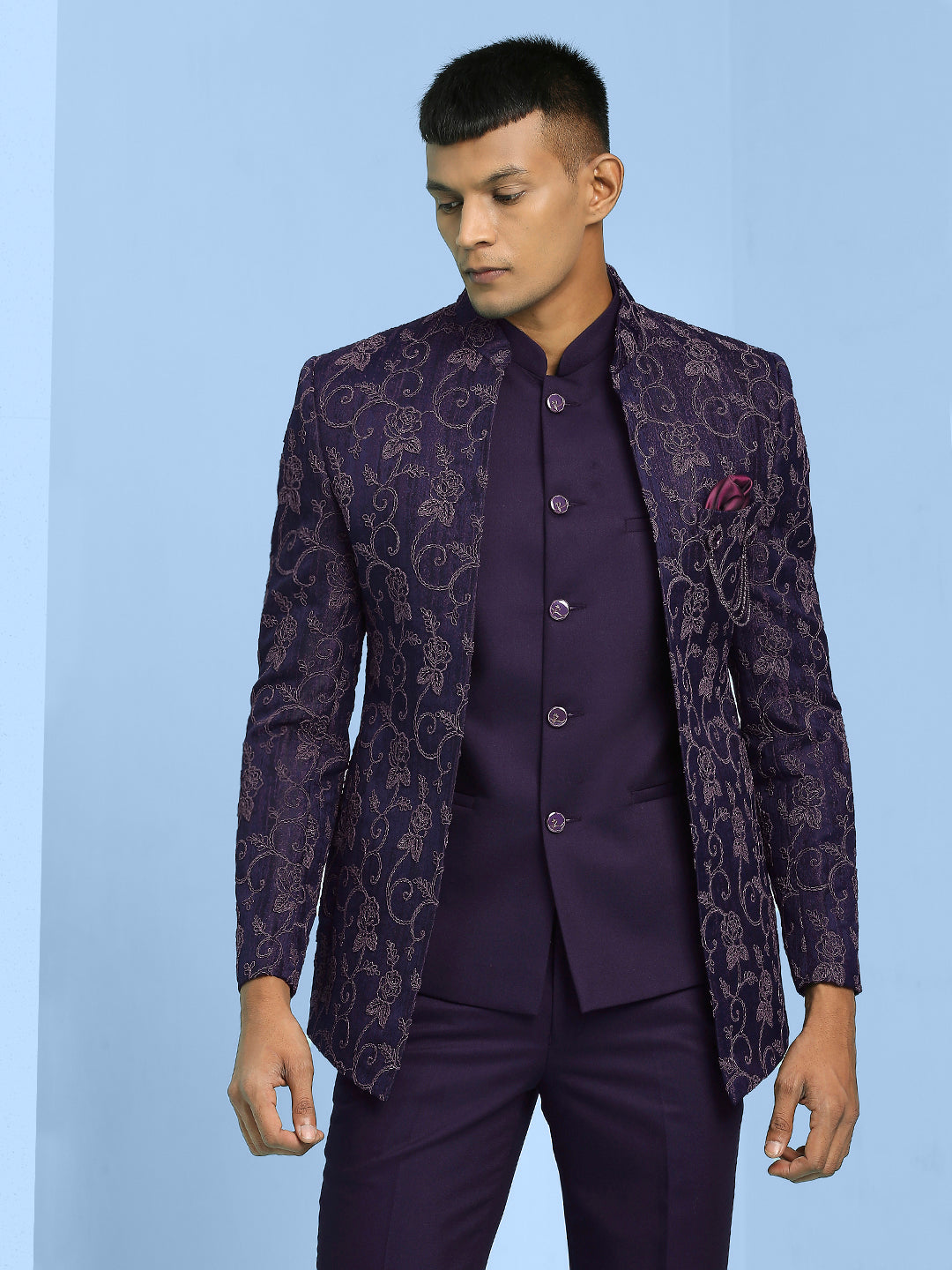 Open Pattern Jodhpuri Suit with Floral Dori Work – Essas Club